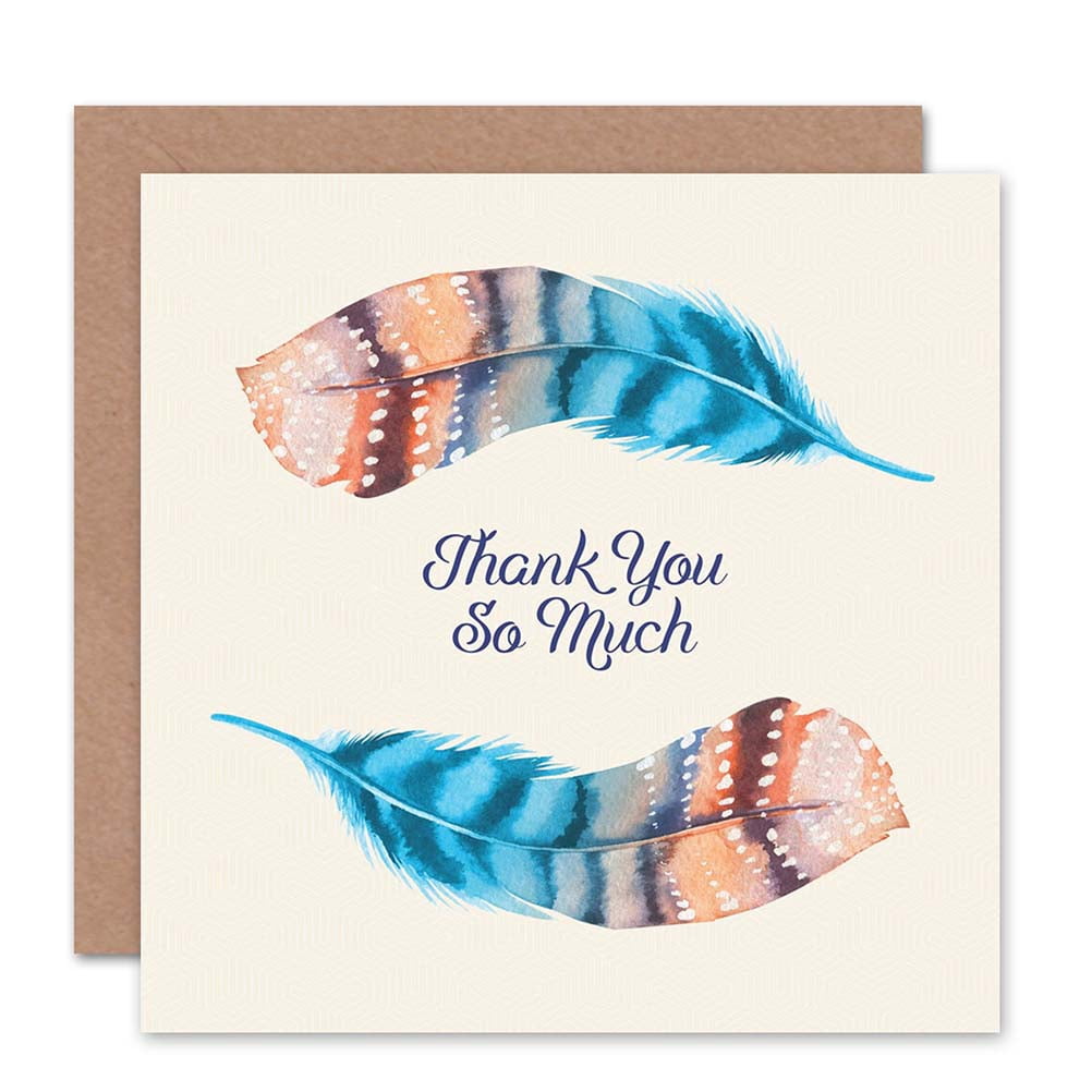 Thank You Feather Set Watercolour Paint Cyan Orange Greetings Card Plus ...