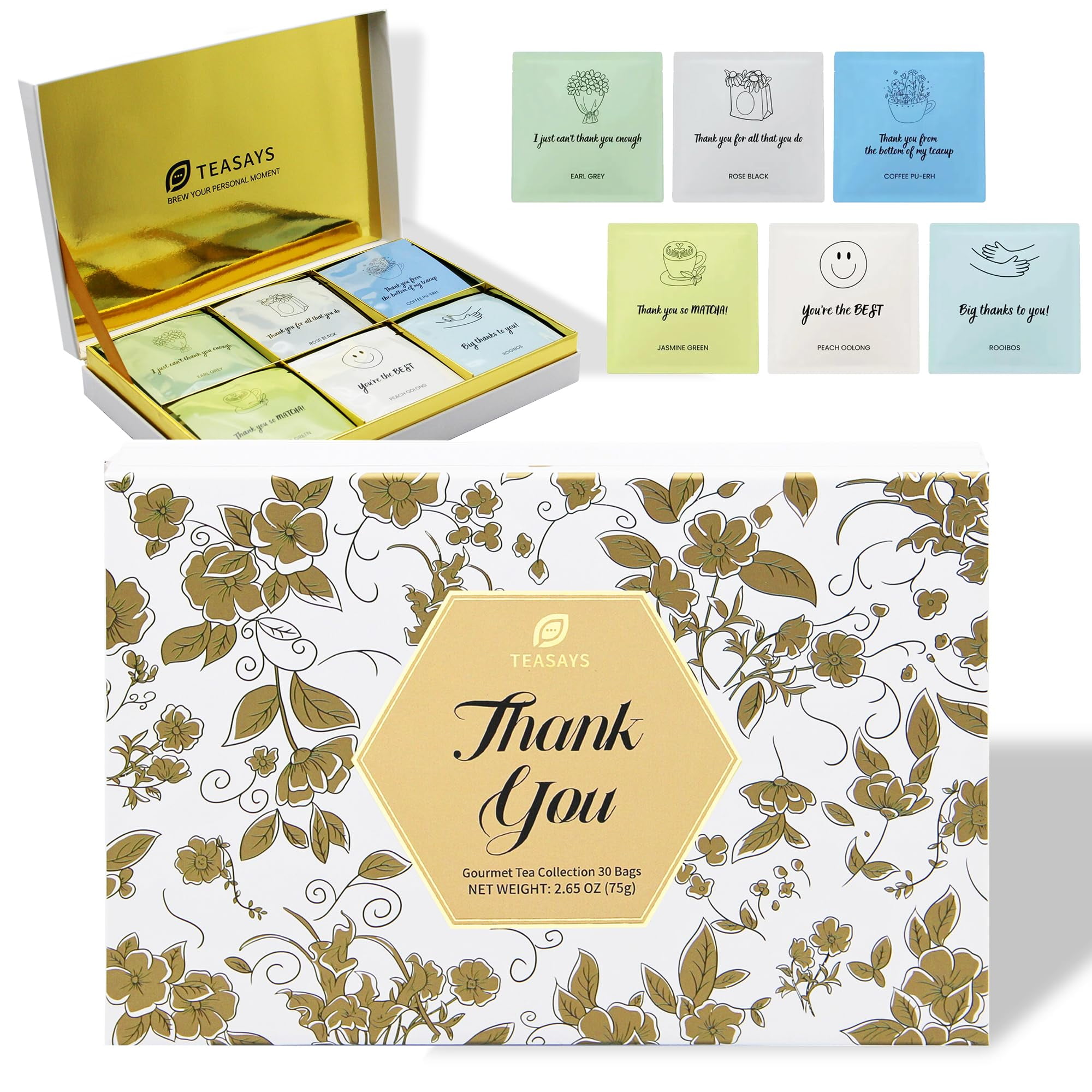 Thank You Gift Tea BDF32 Set by TEASAYS, 30 Premium Whole Leaf Tea Bags ...
