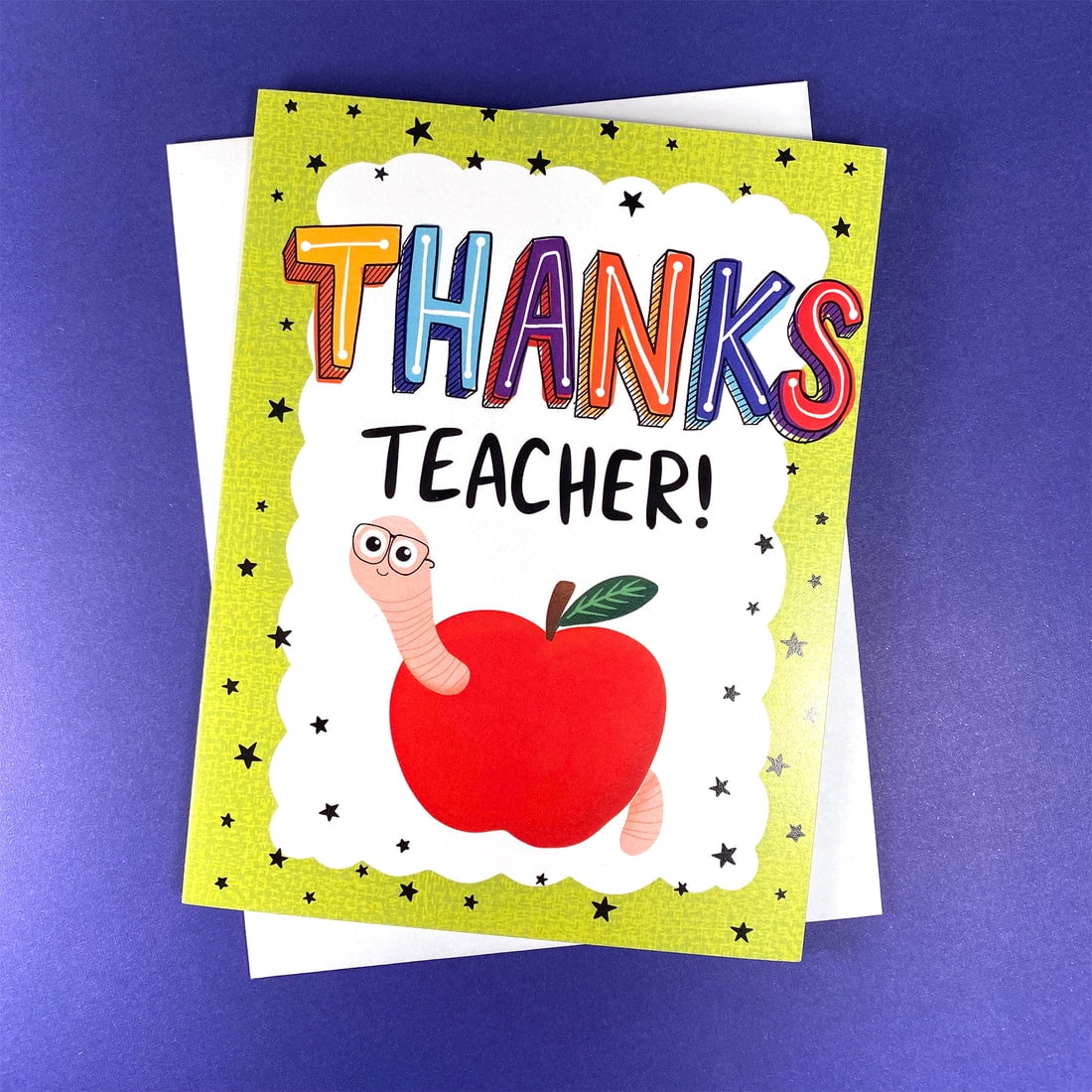 Thank You Teacher Card – Colorful Apple and Worm Design – Blank Inside ...