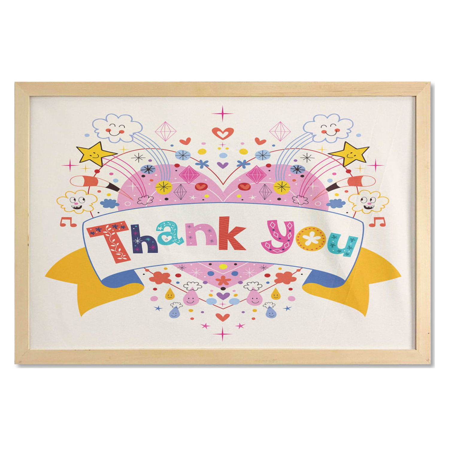 Thank You Wall Art with Frame, Cheerful and Happy Vibes Lettering Heart ...