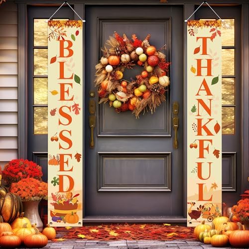 Thankful Blessed Porch Banner Thanksgiving Decorations Indoor Outdoor ...
