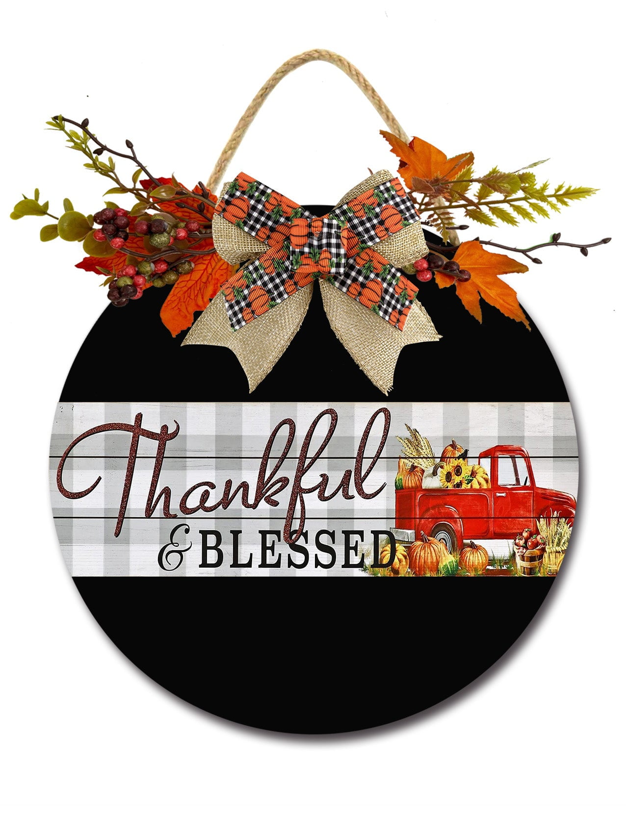 Thankful & Blessed Sign Front Door Porch Decorations, Round Rustic Wood ...