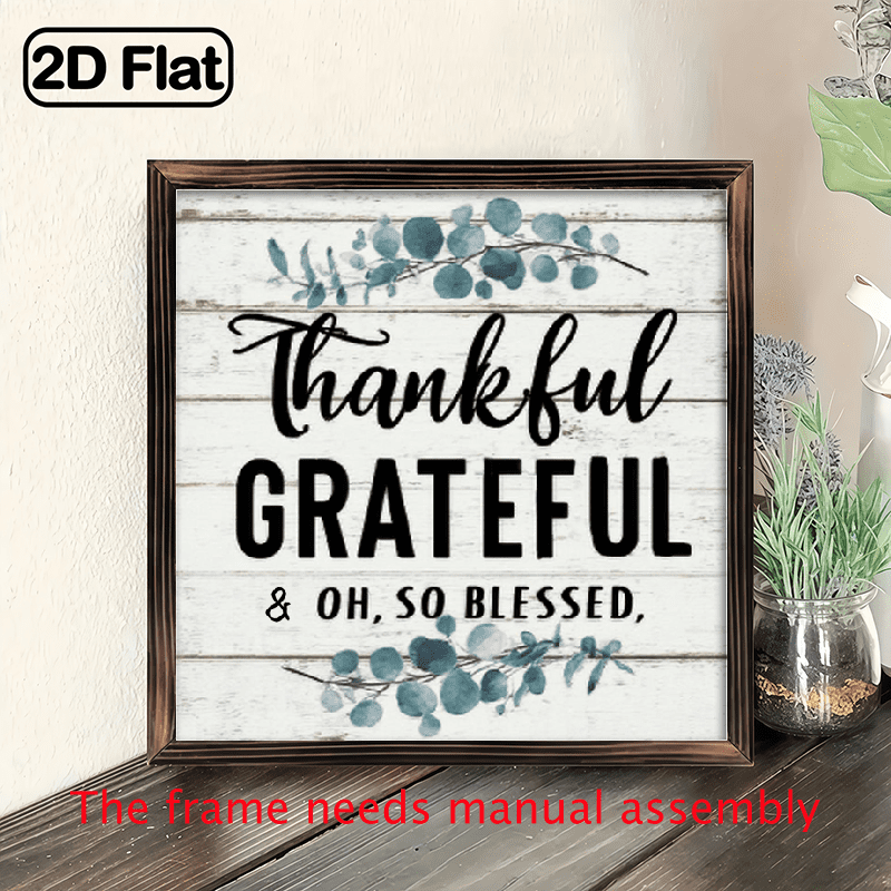 Thankful Grateful 8x8 Inch Wooden Frame Sign Rustic Inspirational Home ...