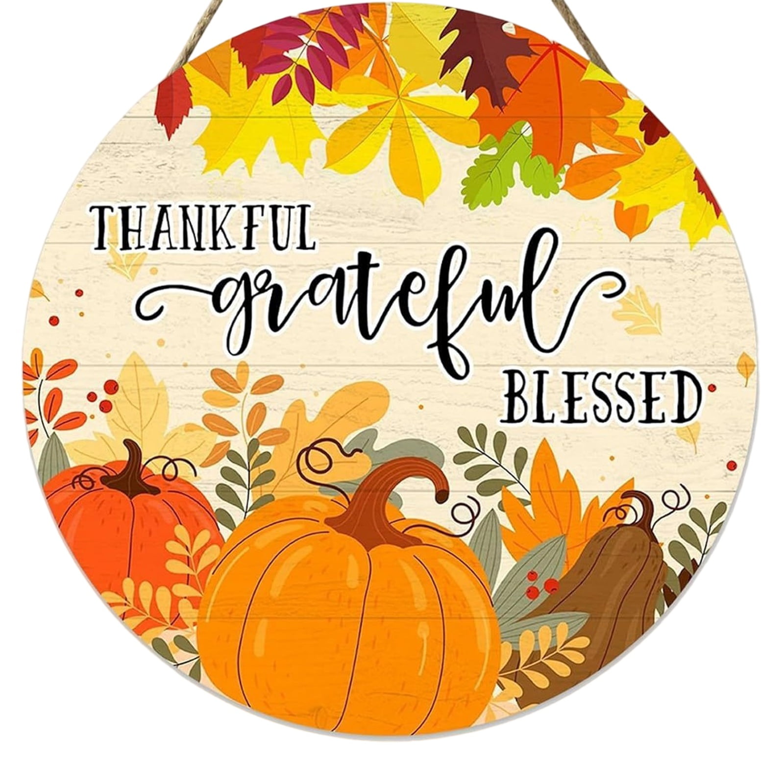 Thankful Grateful Blessed Round Wooden Hanging Sign for Thanksgiving ...