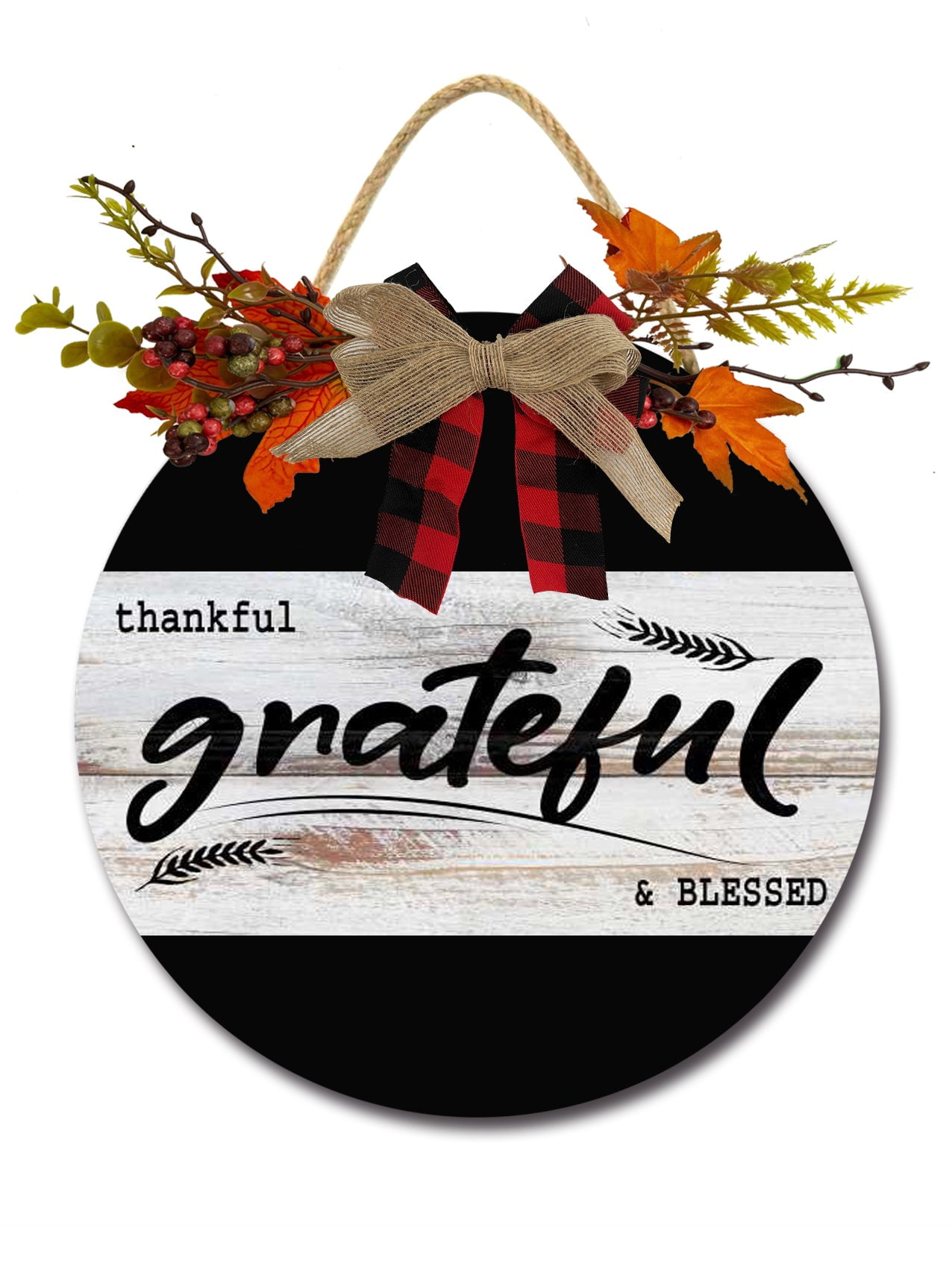 Thankful Grateful Blessed Sign Front Door Porch Decorations, Round Rustic Wood Hanging Sign for ...