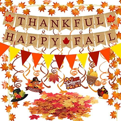 Thankful Happy Fall Burlap Banner Paper Triangular Bunting Maple Leaf ...