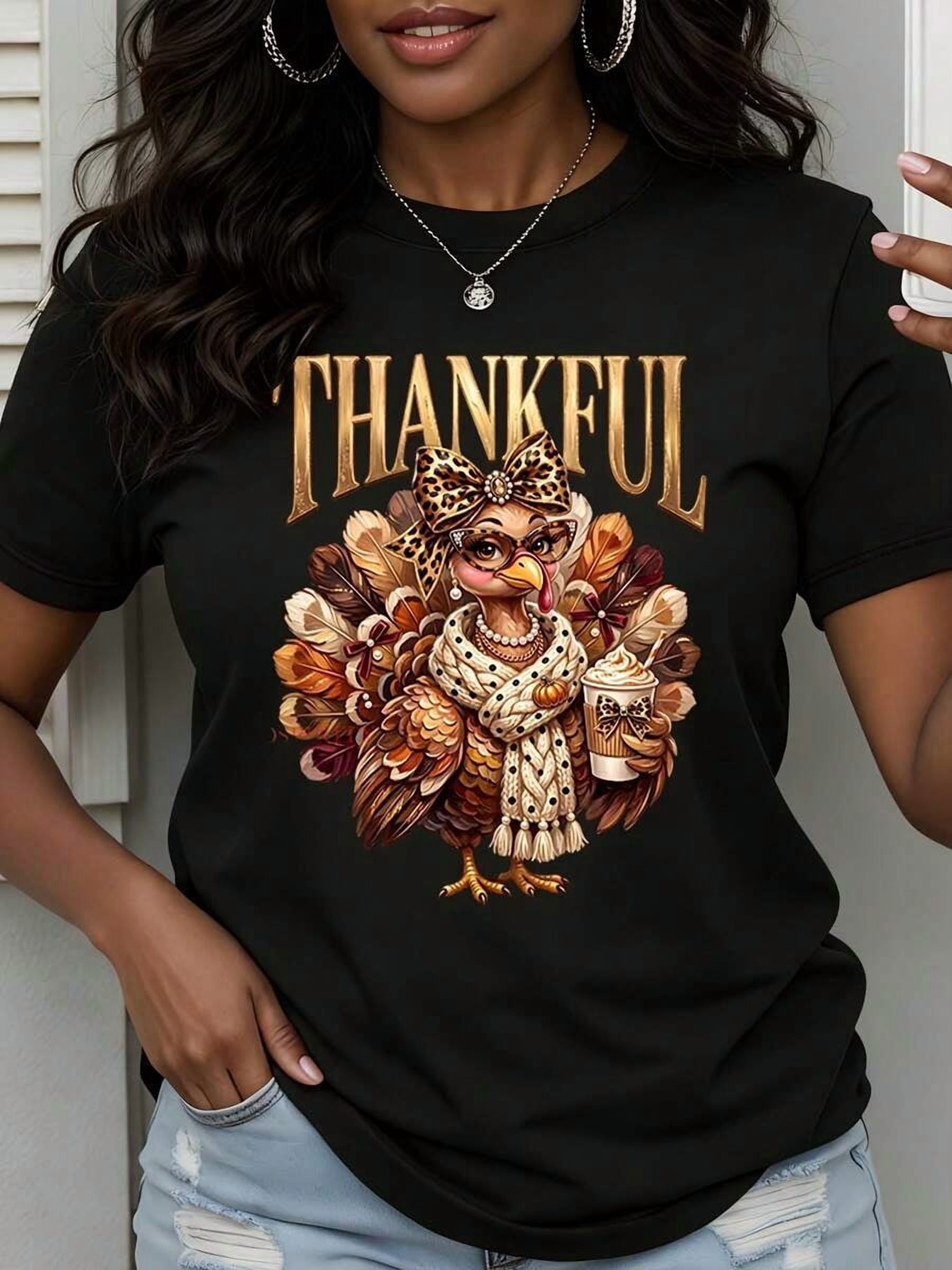 Thankful Turkey Graphic Tee Women Fall Thanksgiving Shirt Cute Leopard ...