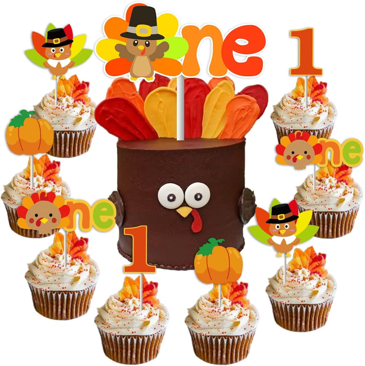 Thanksgiving 1st Birthday Decorations, 25Pcs Turkey One Cake Topper ...