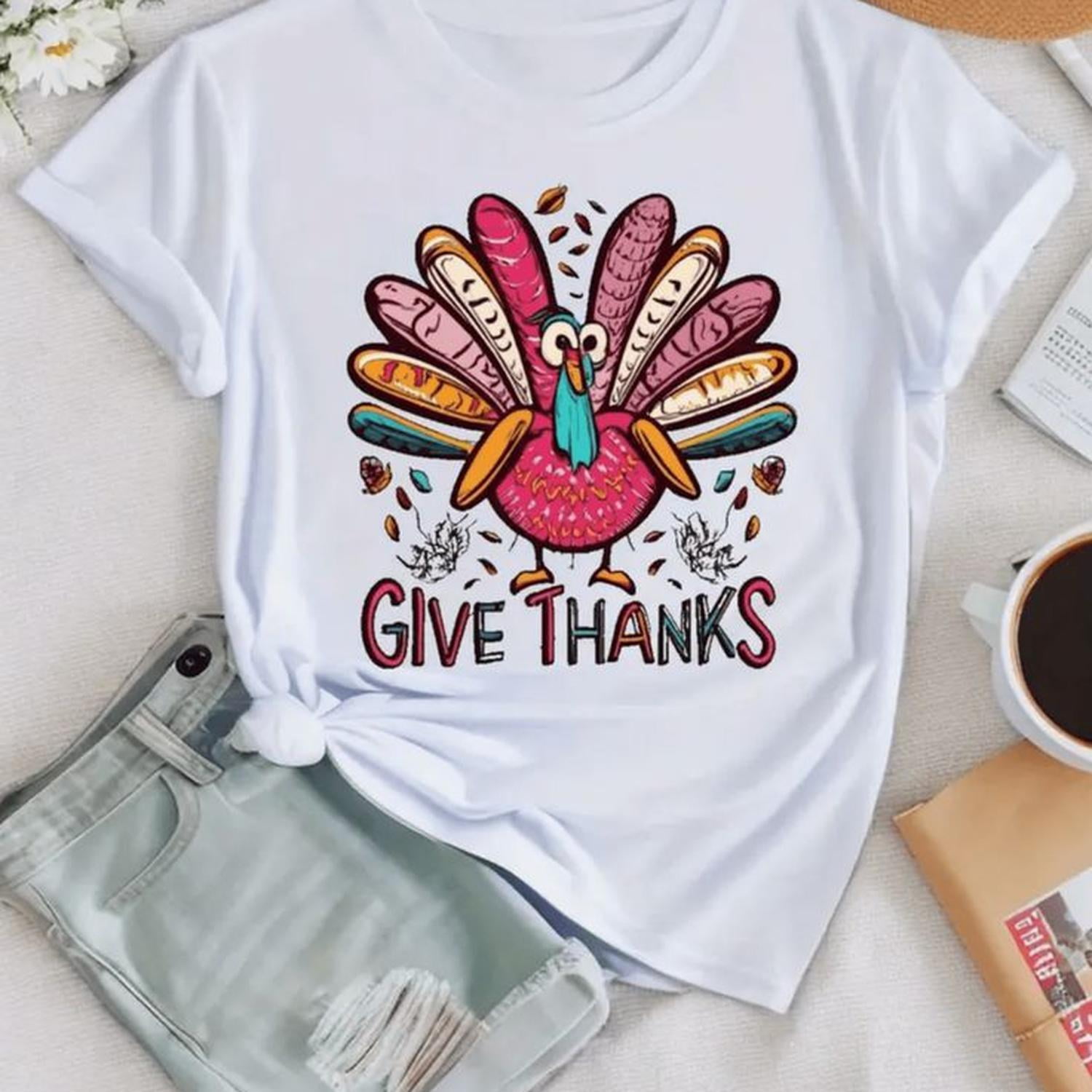 Thanksgiving Animal & Letter Print T-Shirt, Casual Polyester Short ...