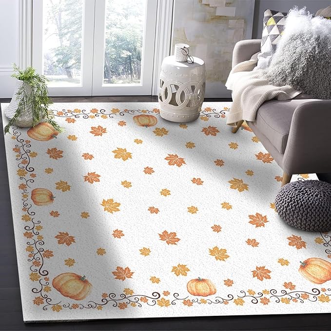 Thanksgiving Area Rug, Orange Pumpkin Fall Maple Leaf Indoor Rug Simple Printing Texture Non ...