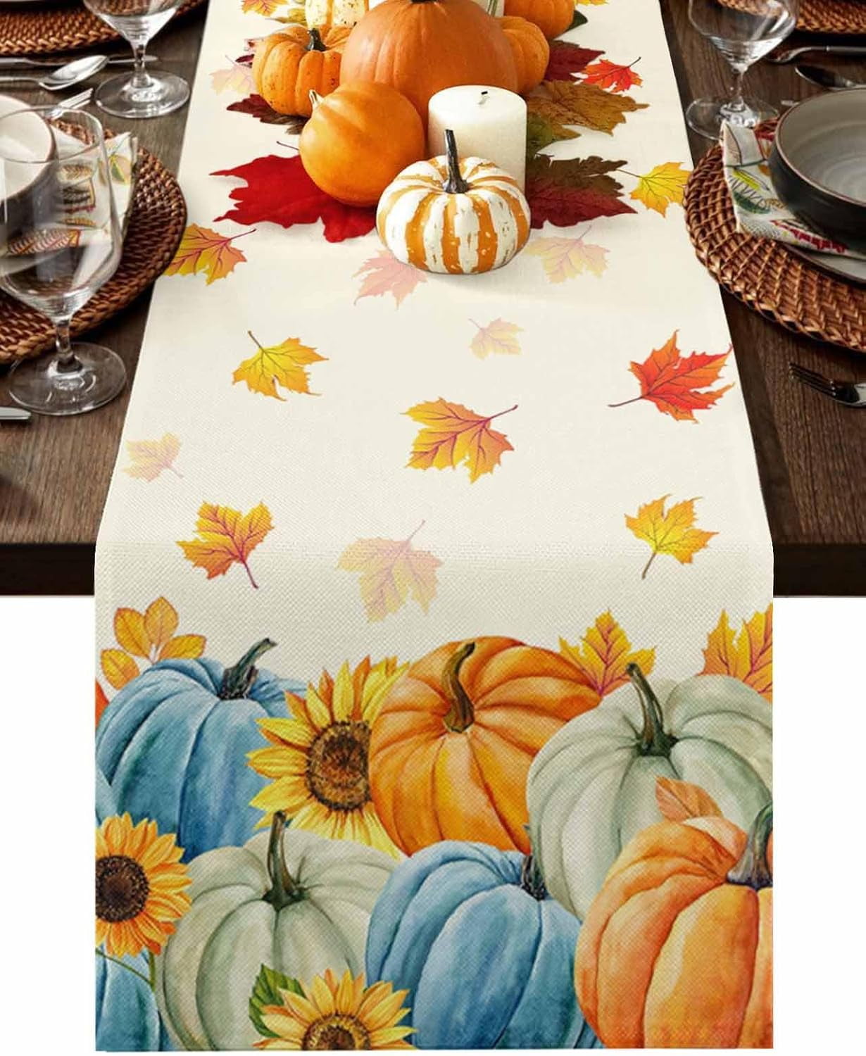 Thanksgiving Autumn Pumpkin Linen Table Runners Fall Maple Leaf Dresser ...