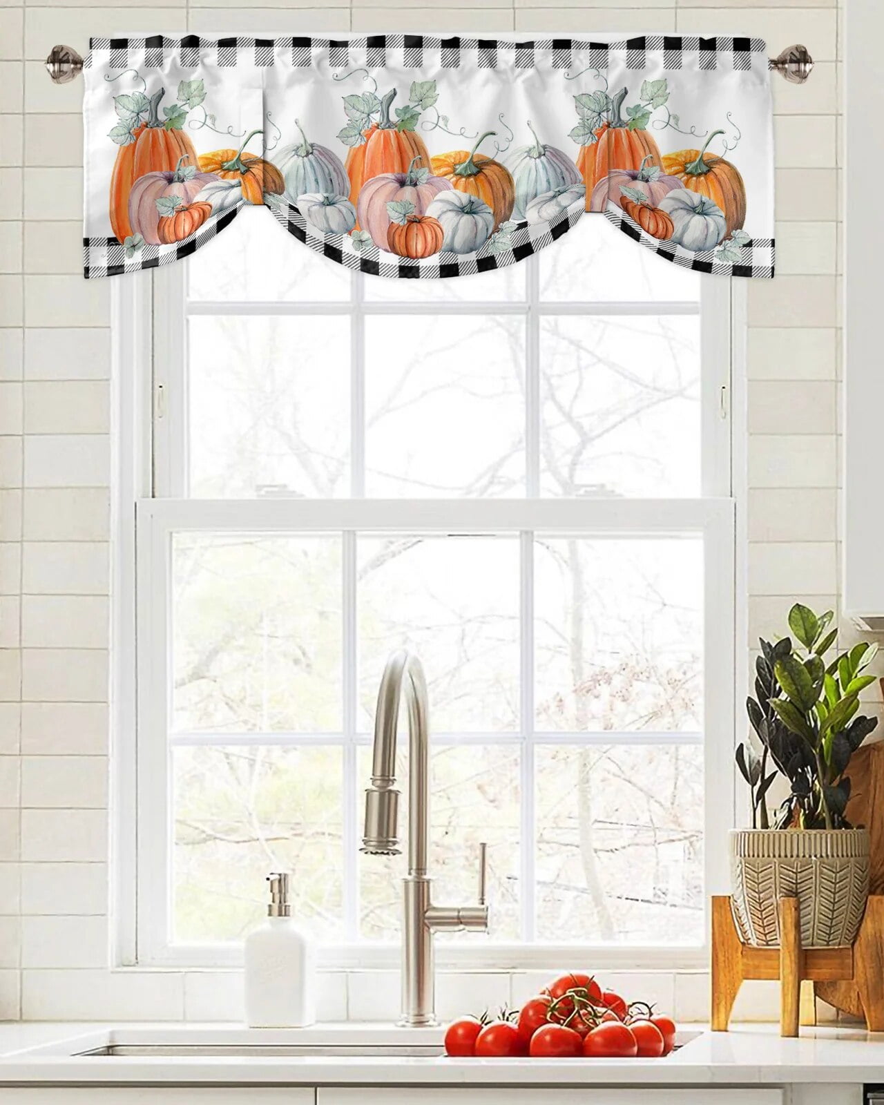 Thanksgiving Autumn Pumpkin Plaid Window Curtain Living Room Kitchen ...