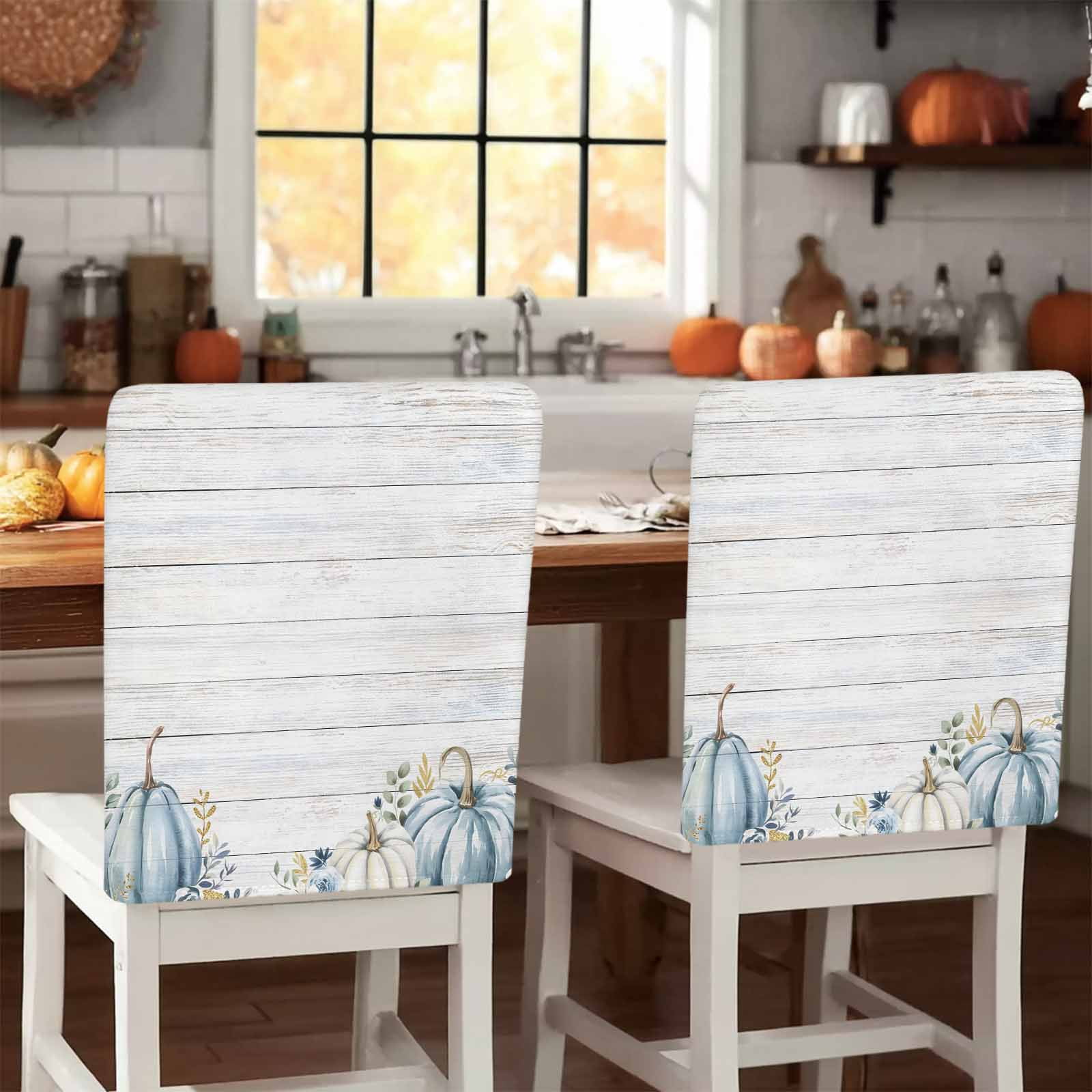 Thanksgiving Blue Chair Covers Set of 4 Pumpkin Leaf Autumn Botanical ...