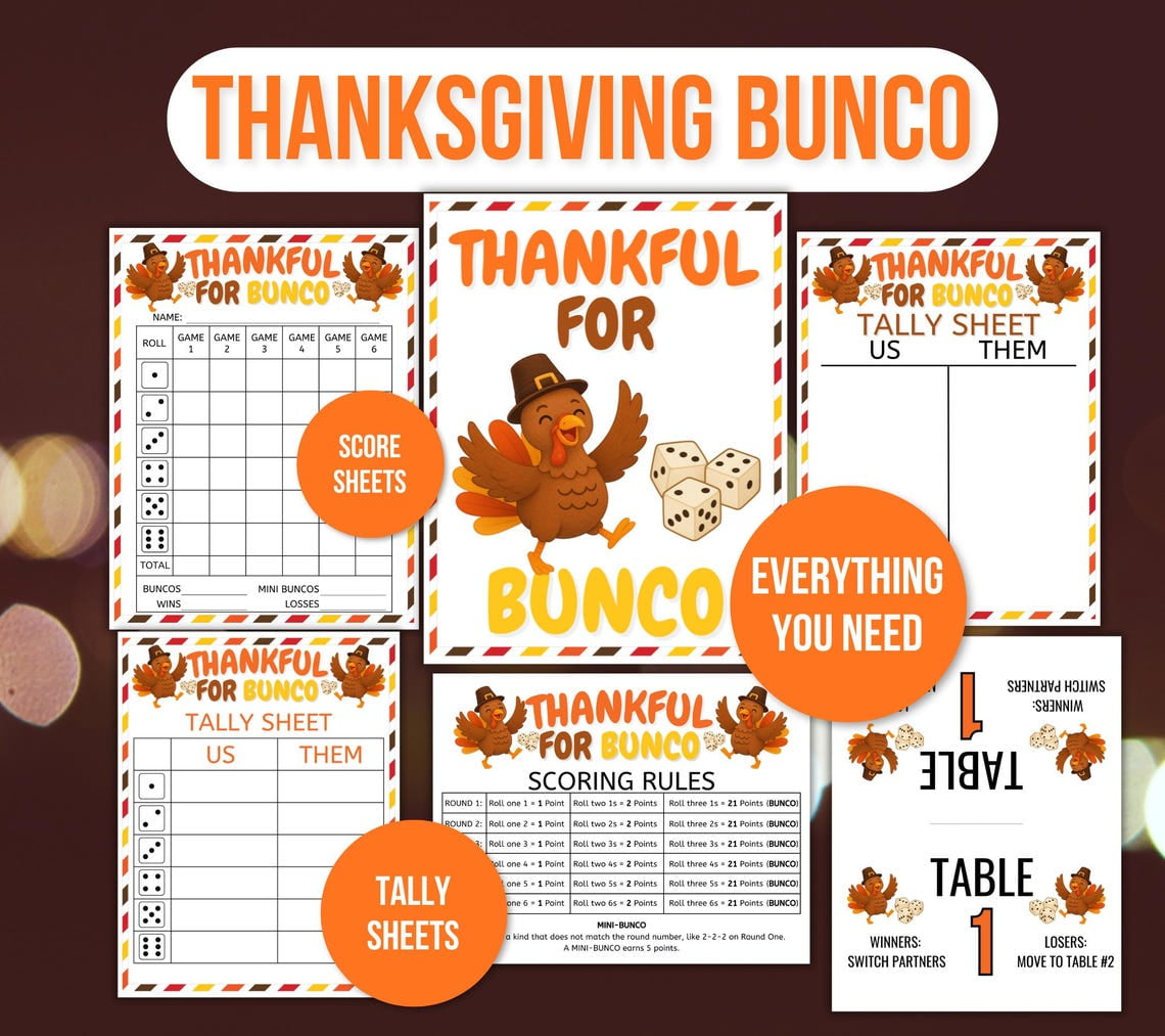 Thanksgiving Bunco Score Sheet and Tally Cards, Party Game Rules Set ...