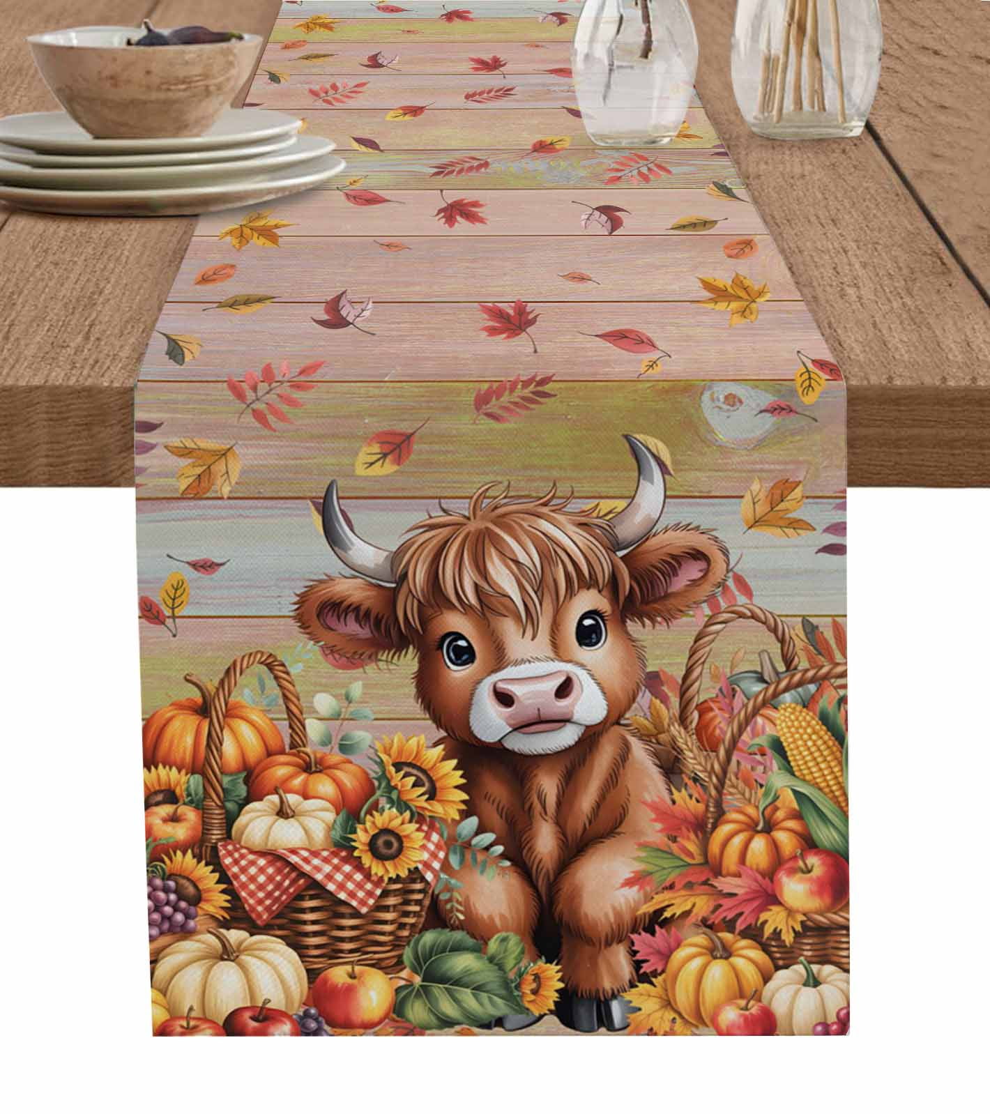 Thanksgiving Cattle Table Runner 72 Inches, Fall Harvest Pumpkin Leaves ...