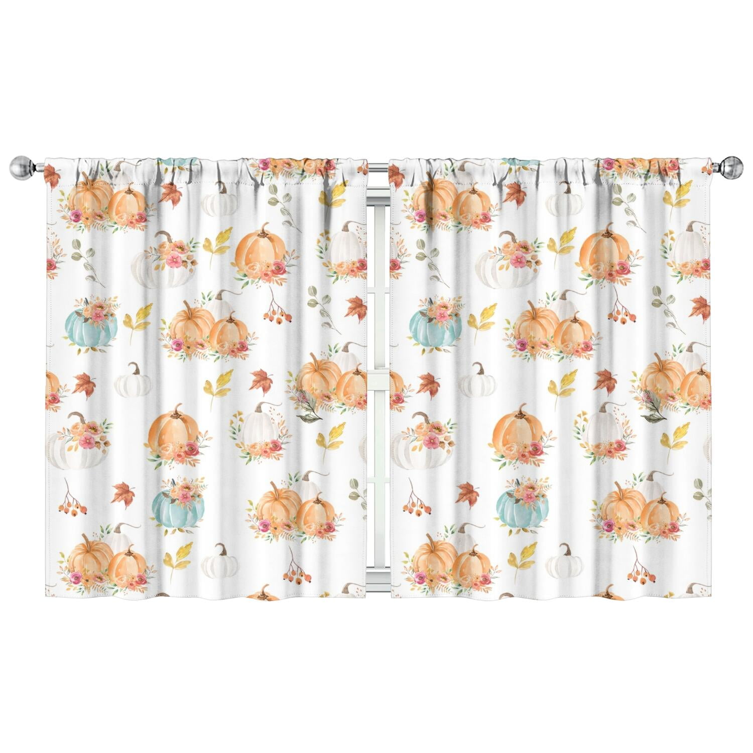 Thanksgiving Celebration Caf Curtains Set Fall Leaves and Pumpkins ...