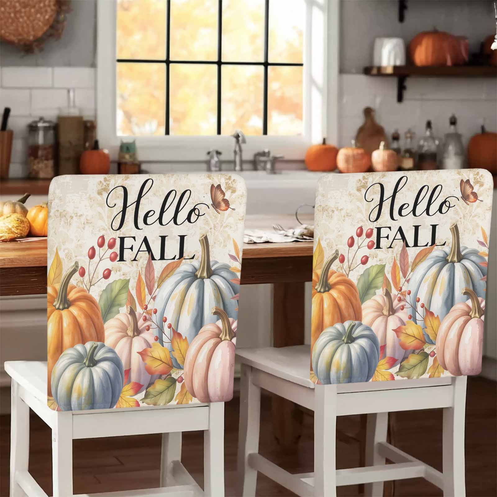 Thanksgiving Chair Covers Set of 1 Hello Fall Watercolor Pumpkin Jam ...