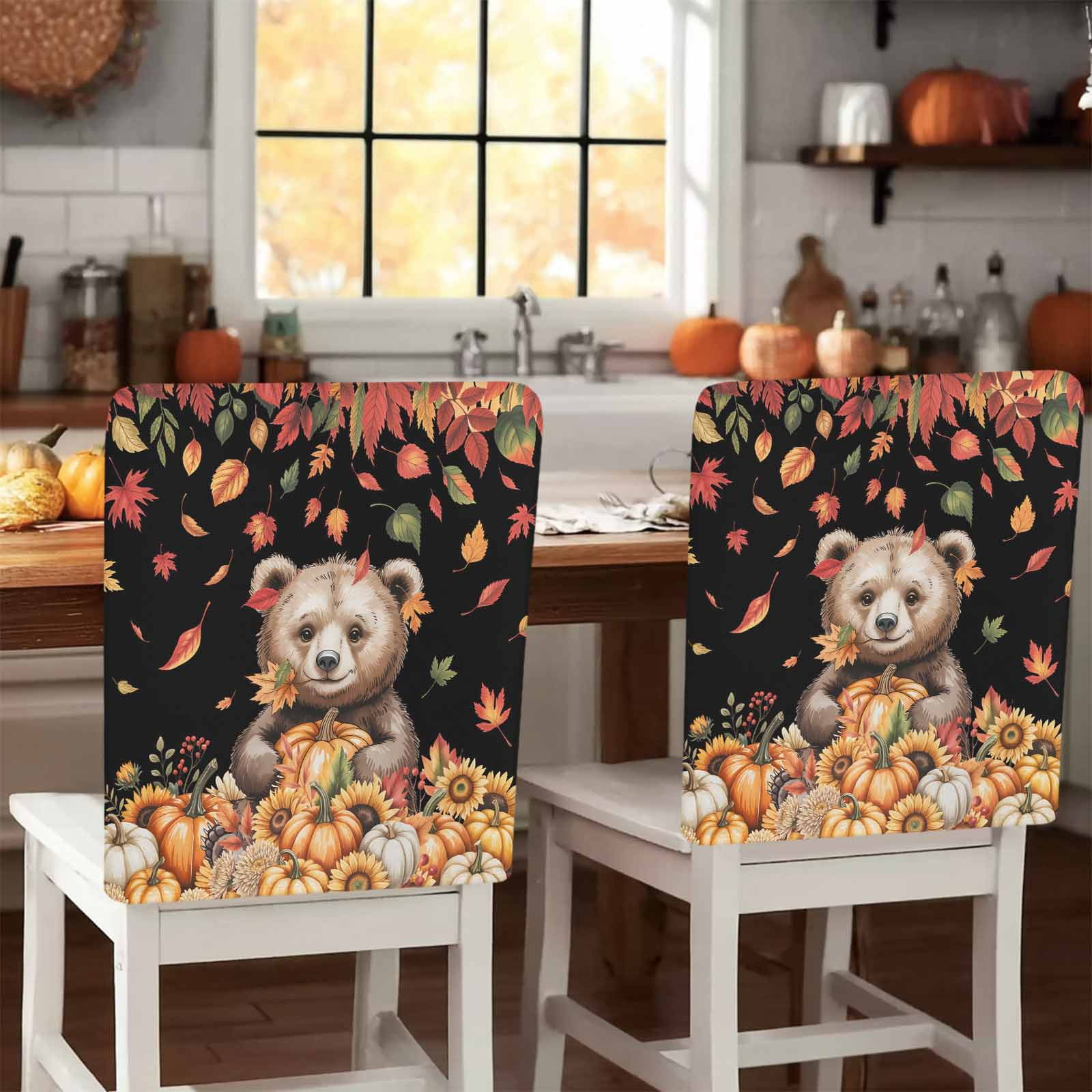 Thanksgiving Chair Covers Set of 6 Country Pumpkin Leaves Brown Bear ...