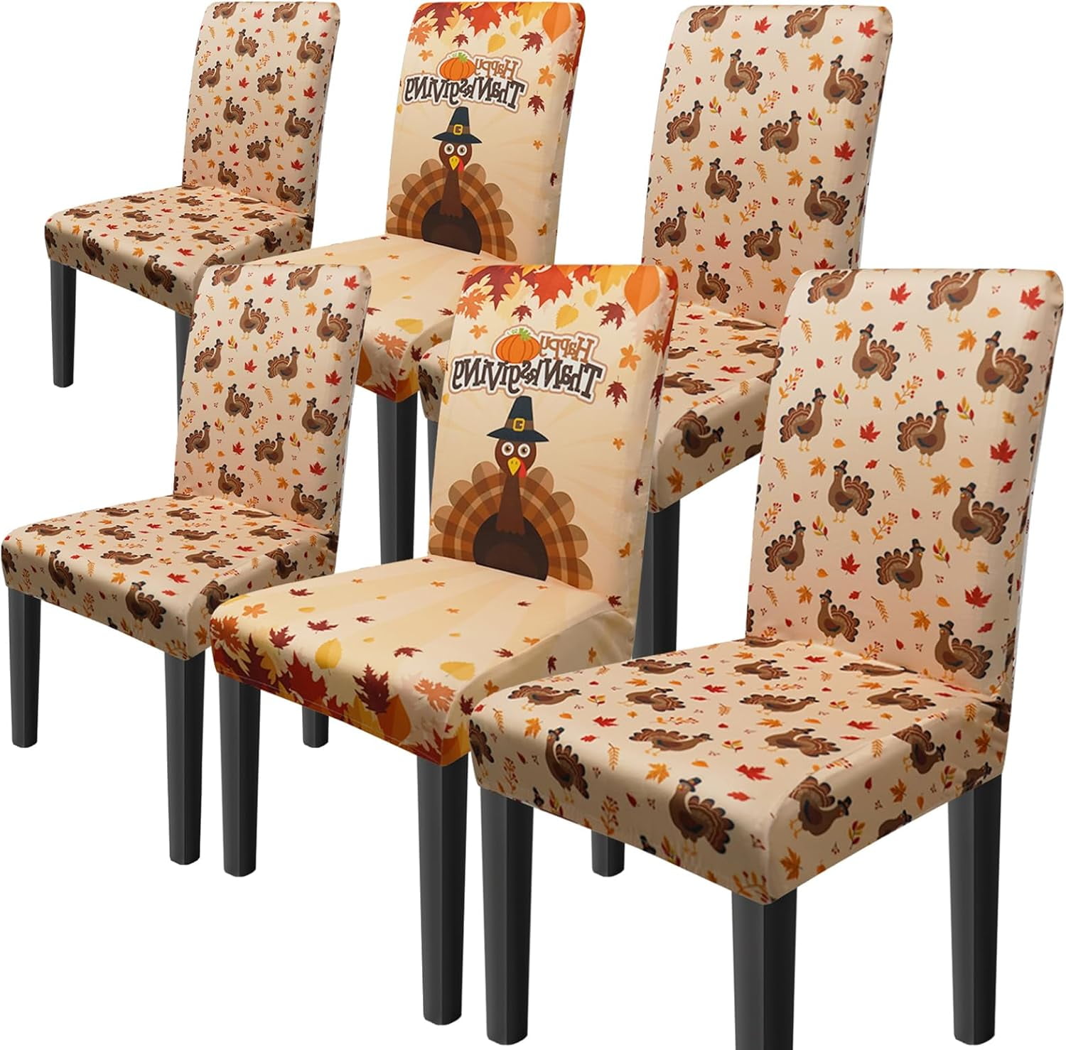 Thanksgiving Chair Covers Set of 6 Fall Turkey Dining Chair Covers for ...