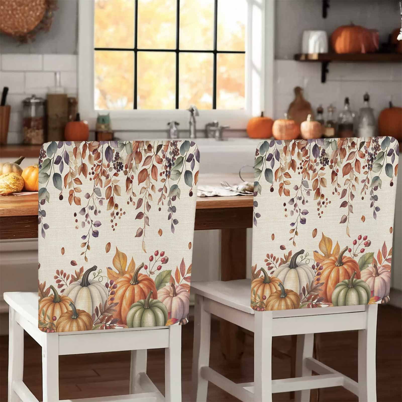 Thanksgiving Chair Covers Set of 8 Pumpkin Leaves Watercolor Vintage ...
