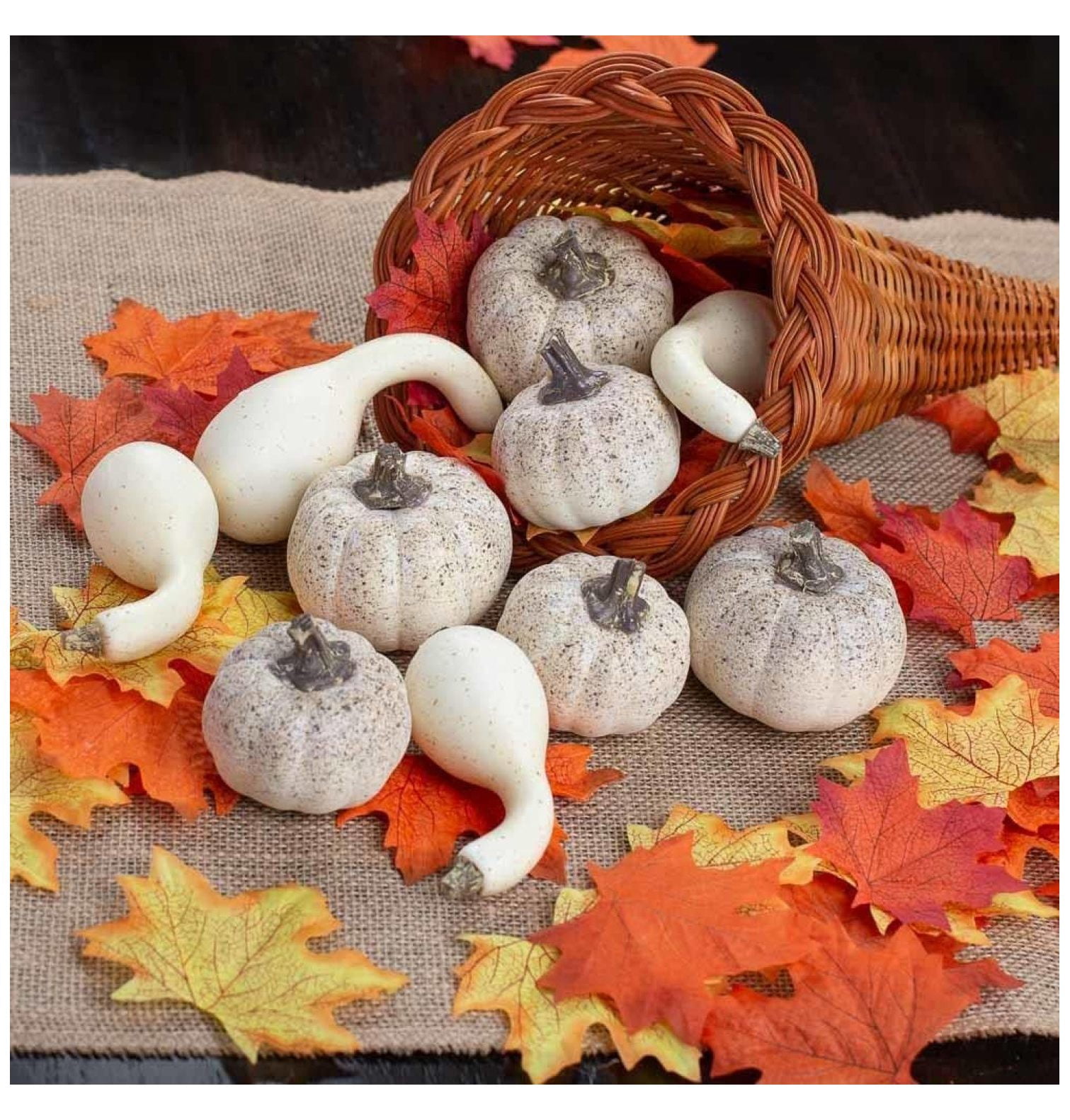 Thanksgiving Cornucopia of Cream Faux Pumpkins and Gourds with Leaves ...
