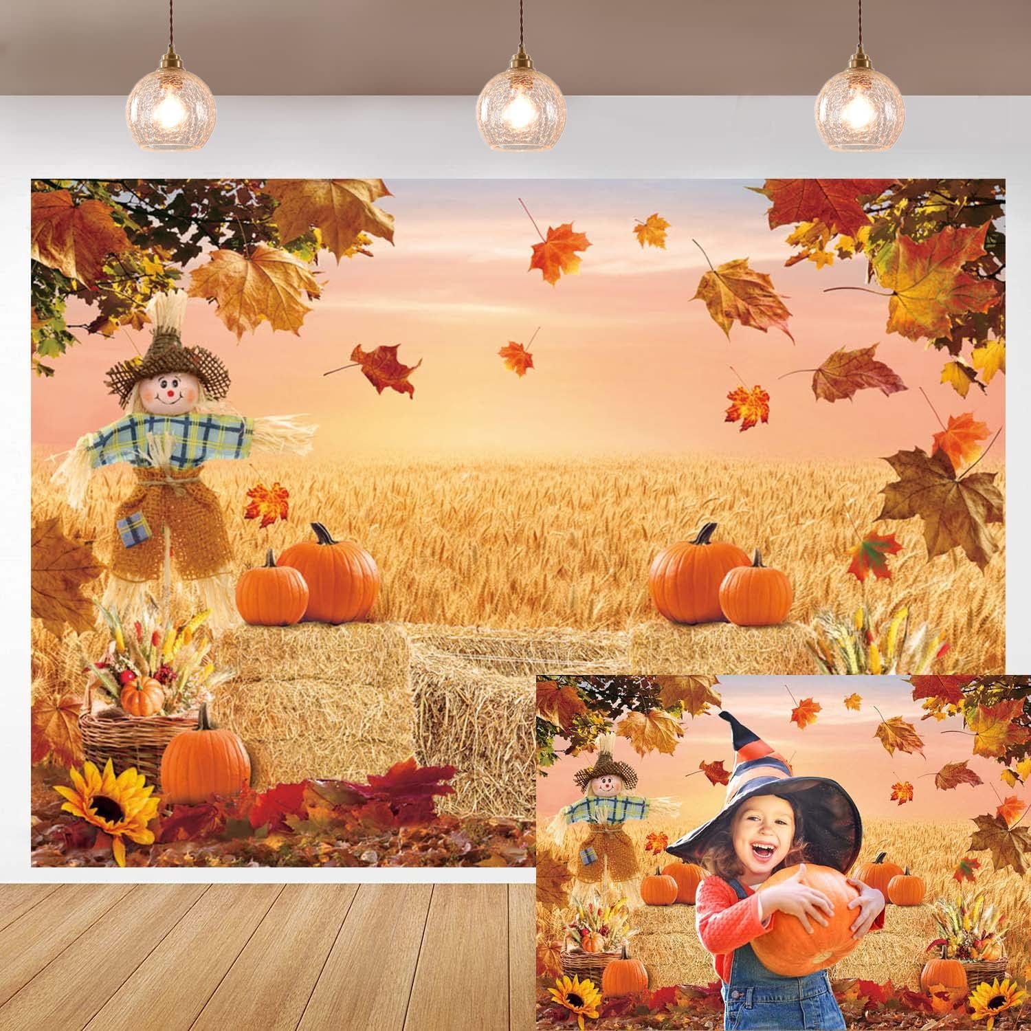 Thanksgiving Day Fall Backdrop Autumn Pumpkin Harvest Hay Maple Leaves ...