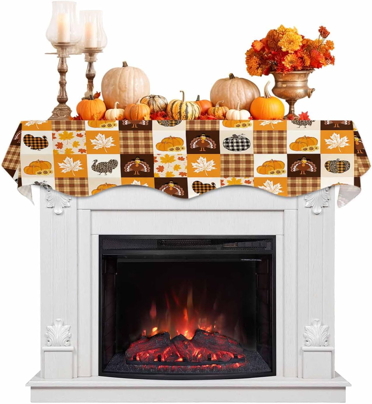 Thanksgiving Day Mantle Scarf Turkey Maple Leaves Pumpkin Fall Plaid ...