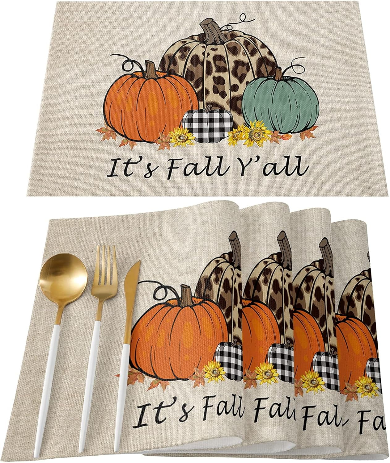 Thanksgiving Day Placemats Set of 4 Harvest Pumpkin Orange Cotton Linen ...