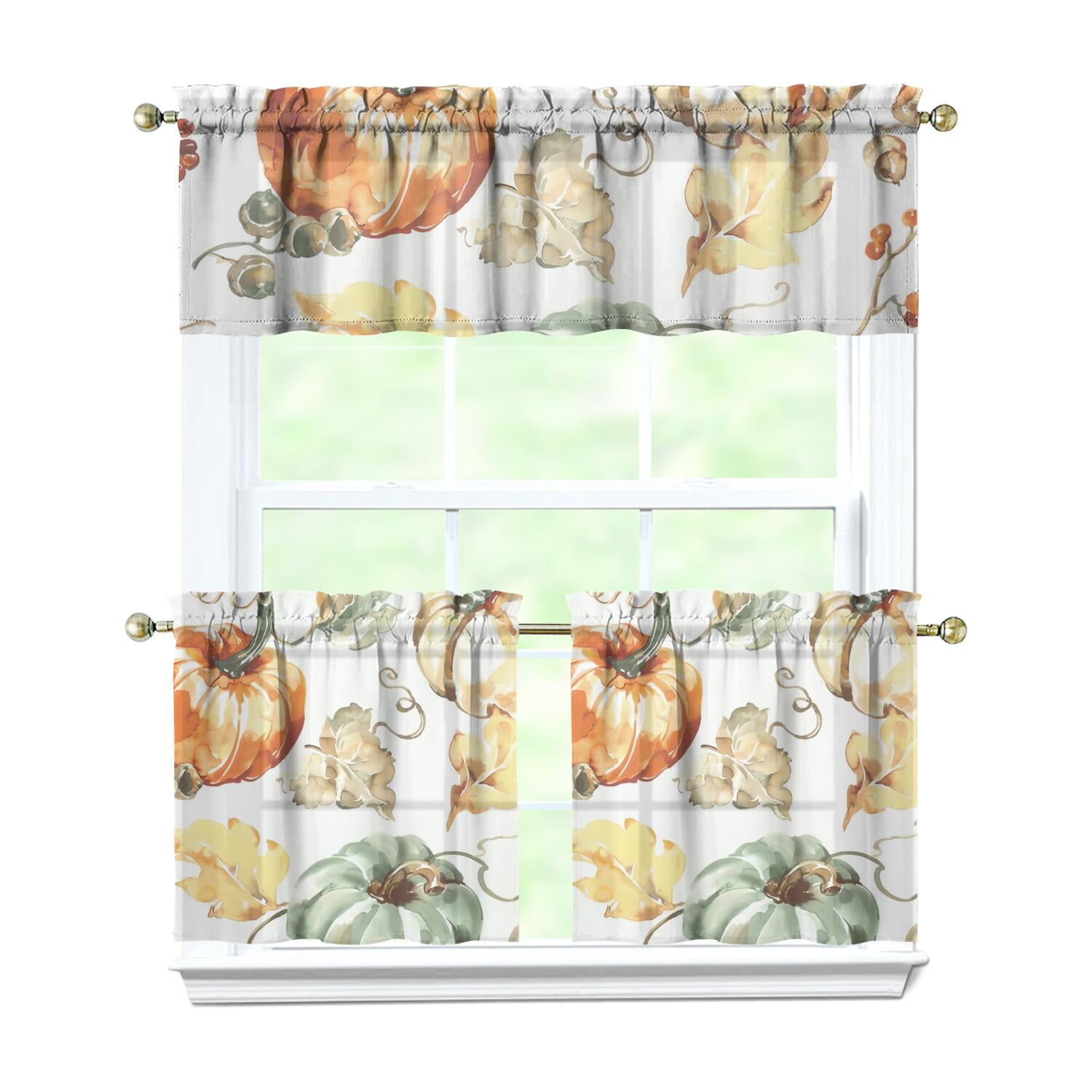 Thanksgiving Decor Pumpkin Kitchen Curtains 3-Pack - Fall Leaves Rustic ...