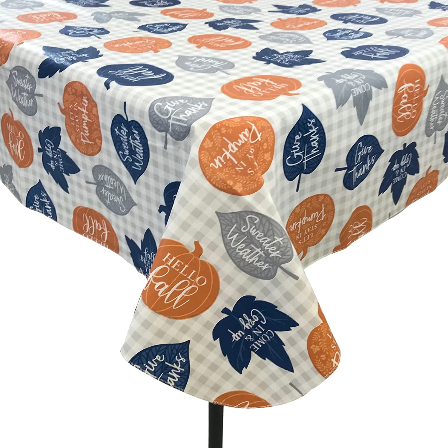 Thanksgiving Fall Flannel Back Vinyl Tablecloth: Orange Blue Gray ...