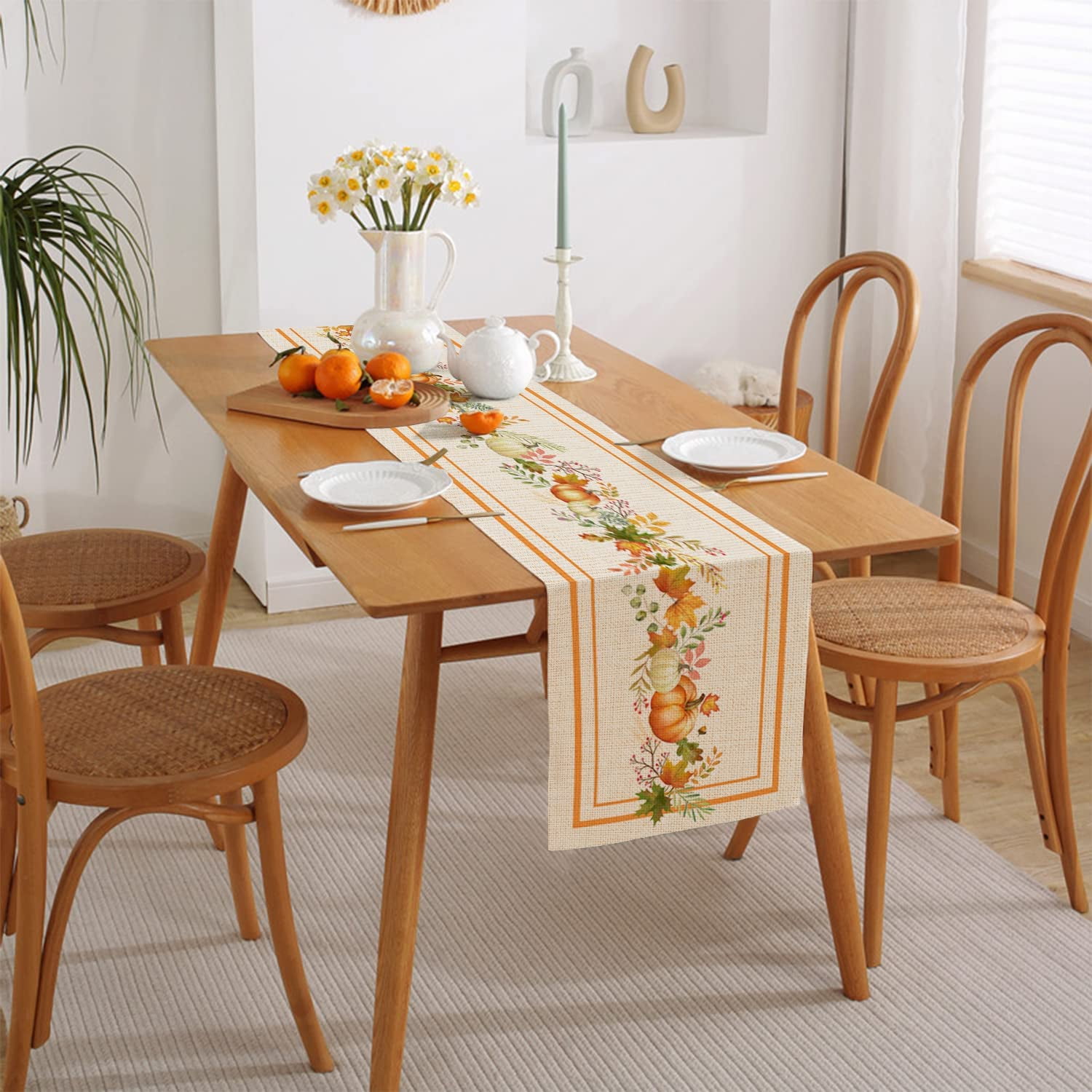 Thanksgiving Fall Table Runner, Autumn Pumpkins Rectangle Table Runner ...