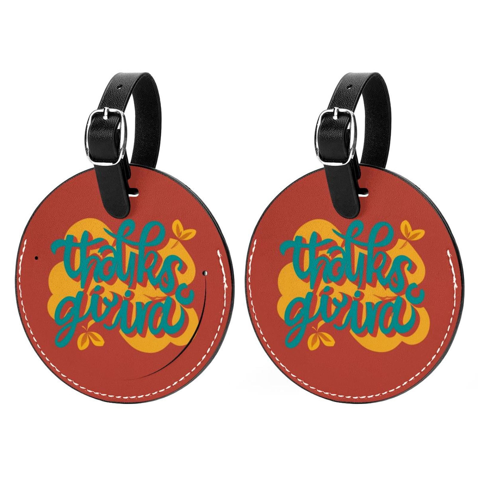 Thanksgiving Font 2Pcs PU Leather Round Luggage Tags with Privacy Cover ...