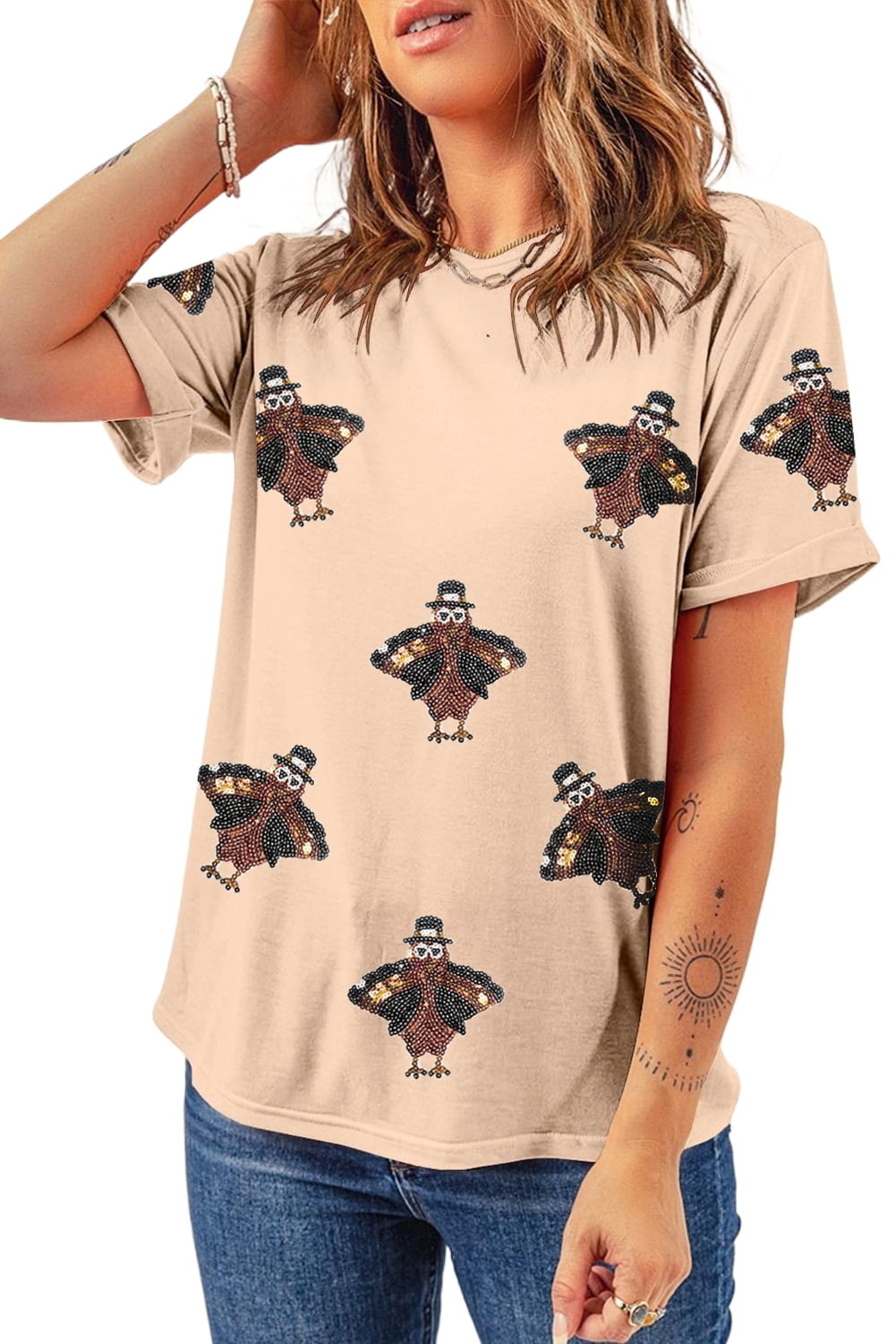 Thanksgiving Graphic Tee - Khaki Colored Sequined Turkey Pattern ...