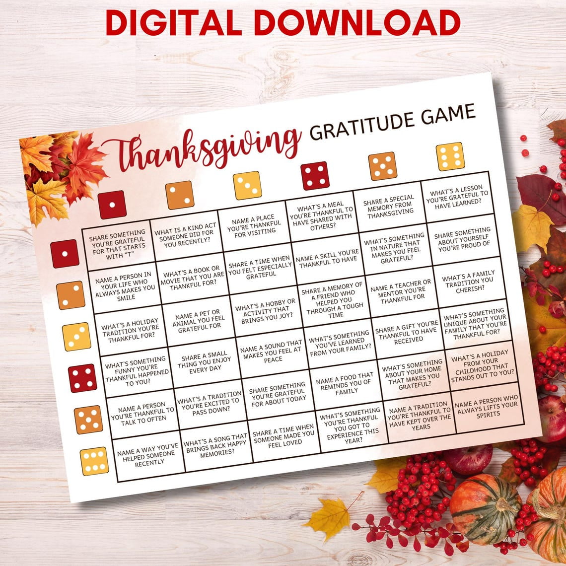 Thanksgiving Gratitude Game, Printable Thanksgiving Dice Game, Fun ...