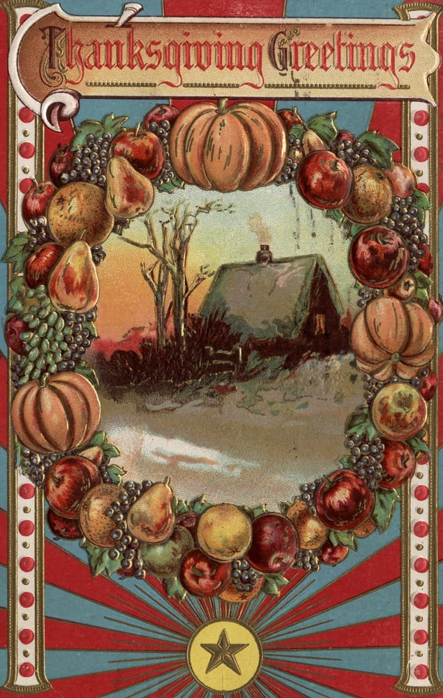 Thanksgiving Greetings, A Country Scene with Produce Border (16x24 ...
