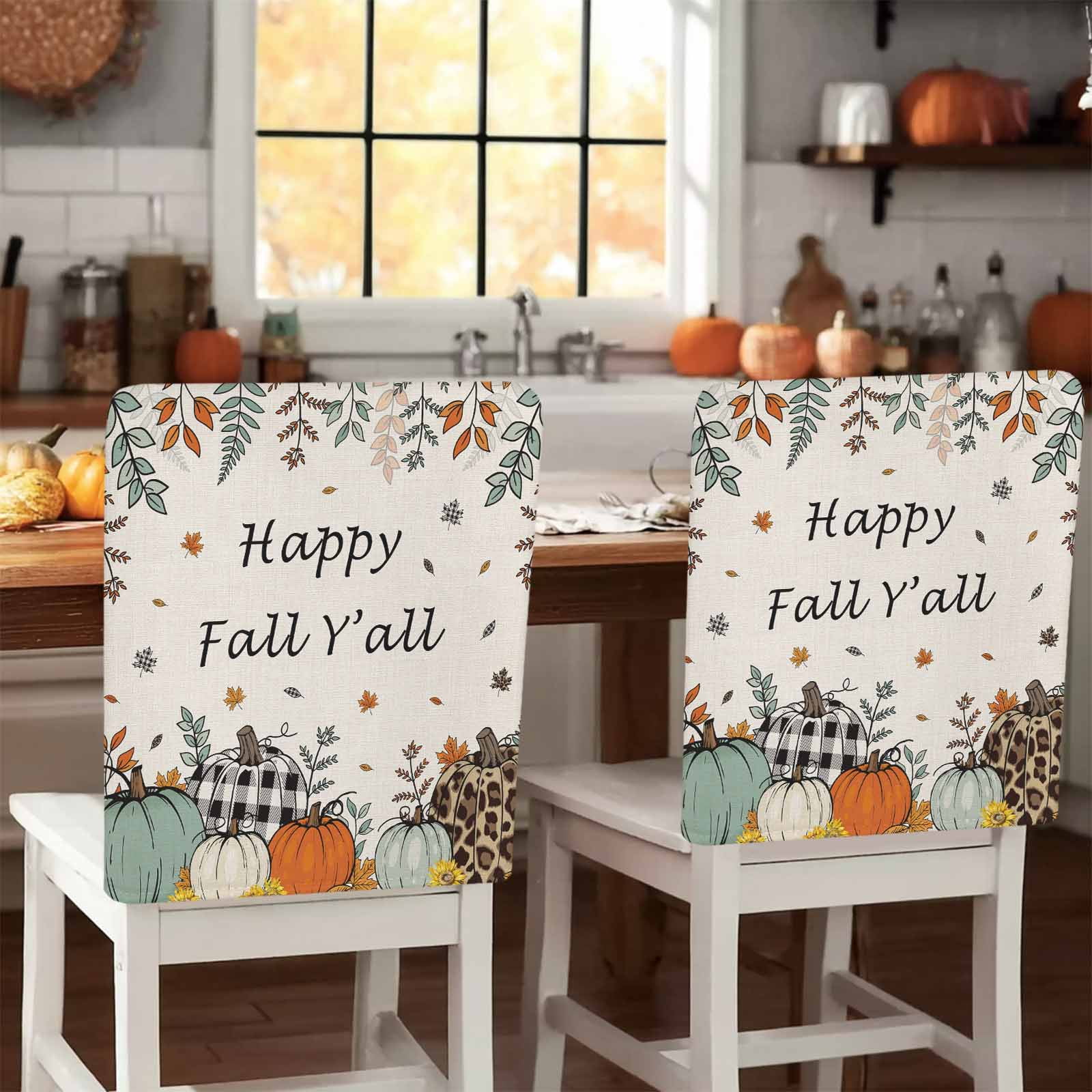 Thanksgiving Happy Chair Covers Set of 8 Fall Y'all Green Pumpkins ...