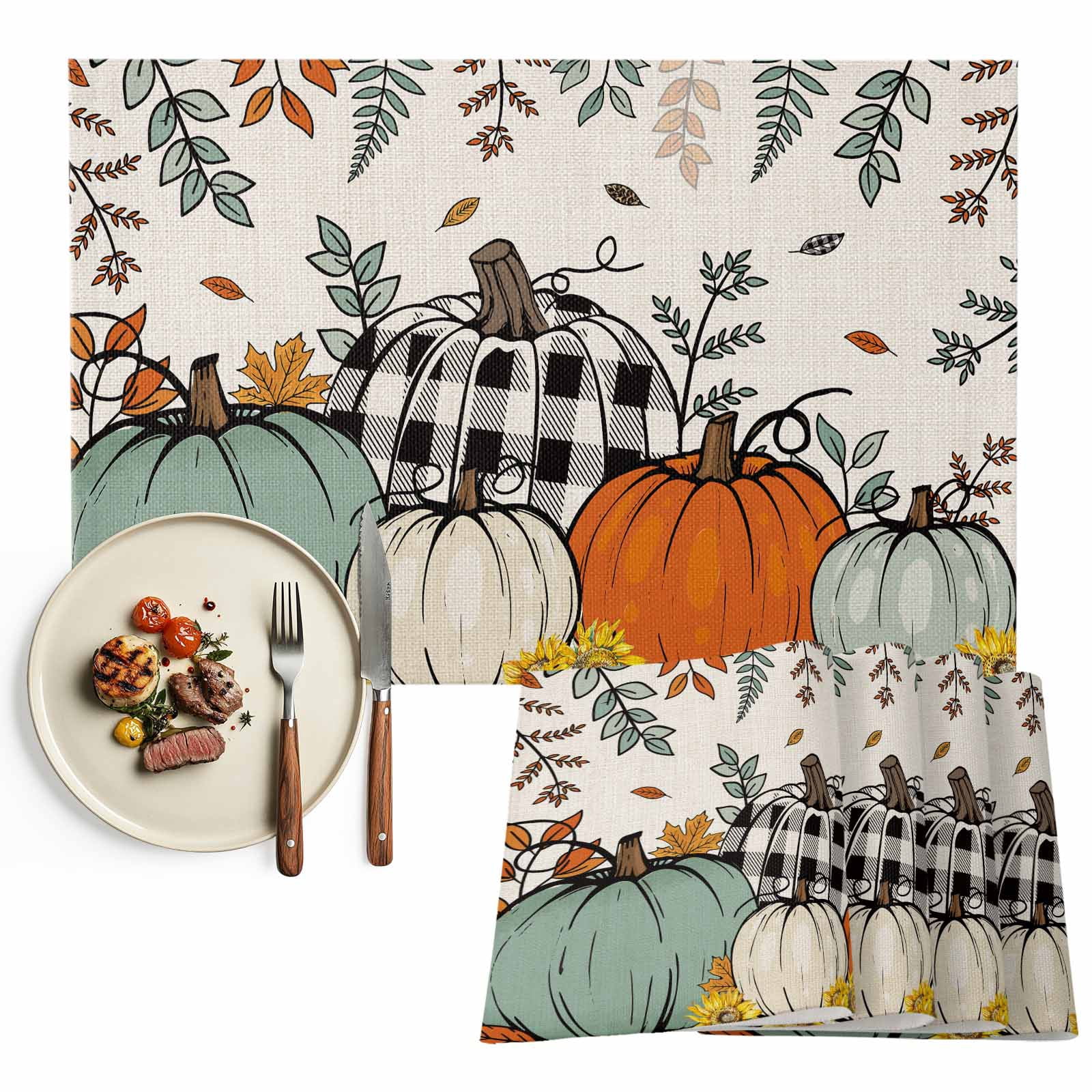 Thanksgiving Happy Placemats Set of 8 Fall Y'all Green Pumpkins Leaves ...