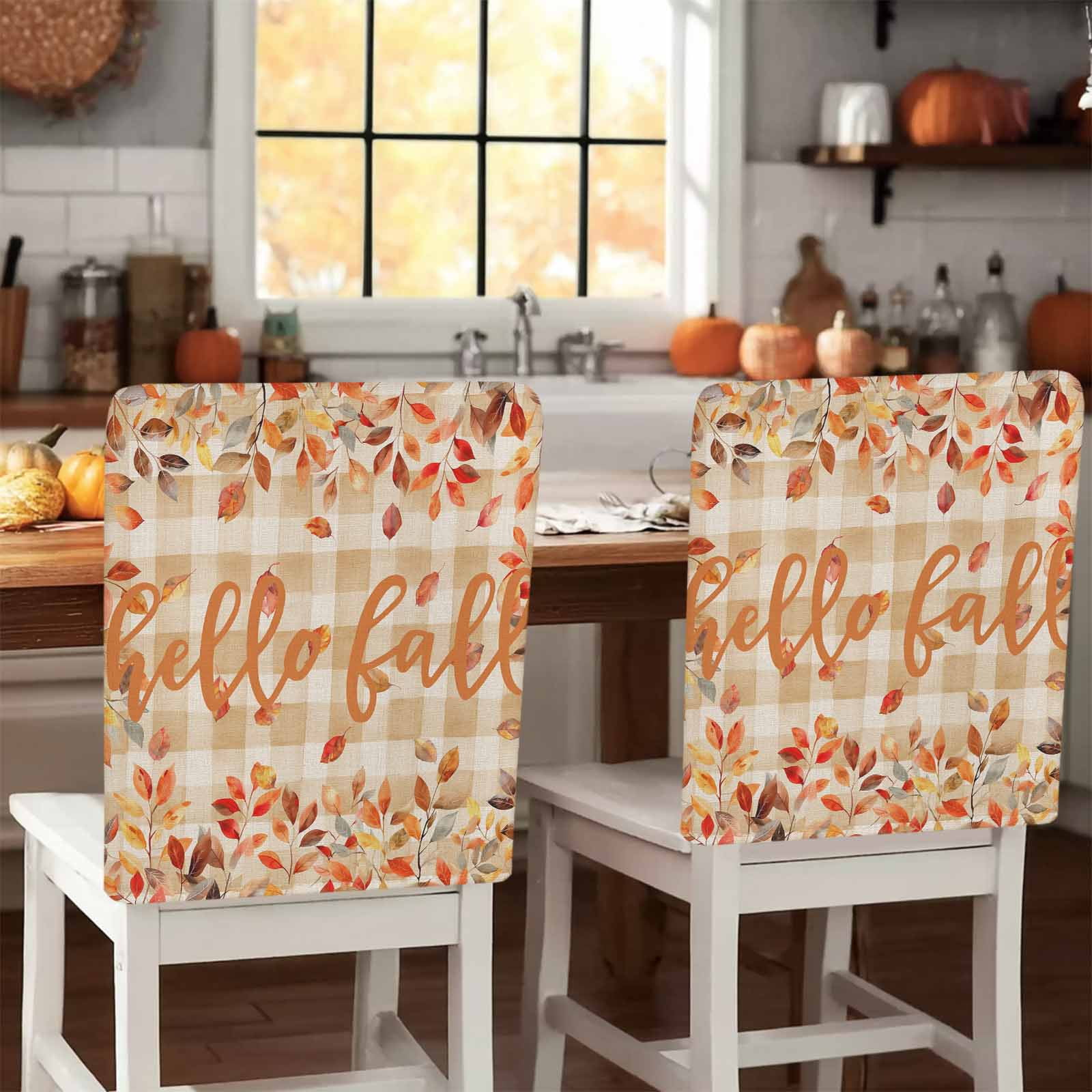 Thanksgiving Hello Chair Covers Set of 8 Fall Plant Leaves Buffalo ...