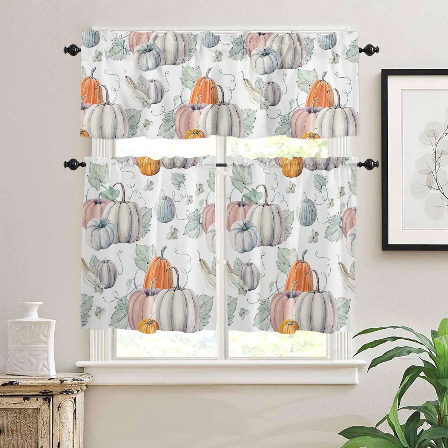 Thanksgiving Kitchen Curtain Valance, Autumn Pumpkin Pattern Watercolor ...