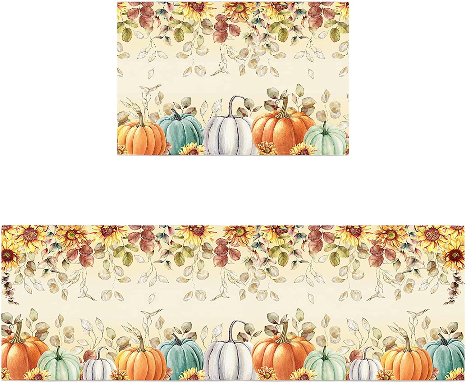 Thanksgiving Kitchen Rugs Mat Set of 2,Fall Pumpkin Sunflower Water ...