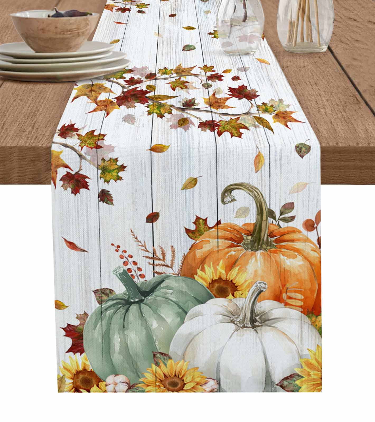 Thanksgiving Leaves Autumn Pumpkin Wood Grain Grain Table Runner ration ...