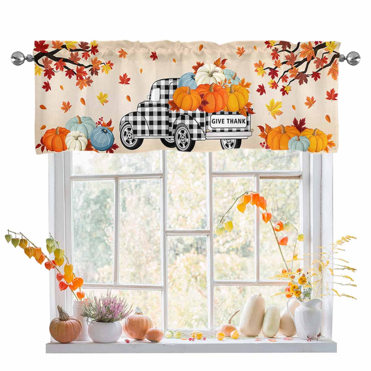 Thanksgiving Linen Window Valance,54"X18 Rod Pocket,Pumpkin and Truck ...