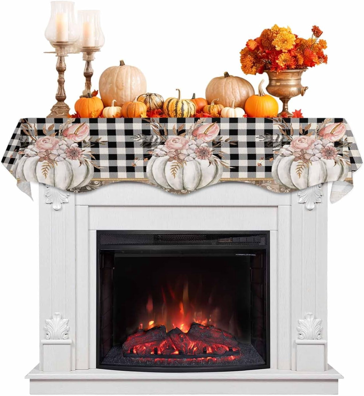 Thanksgiving Mantle Scarf White Pumpkin Autumn Harvest Black Plaid ...