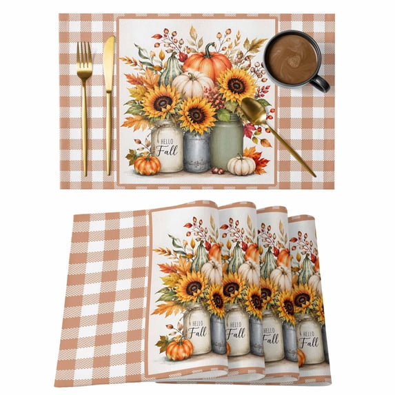 Thanksgiving Placemats Set of 12, Hello Fall Harvest Pumpkin Sunflower ...
