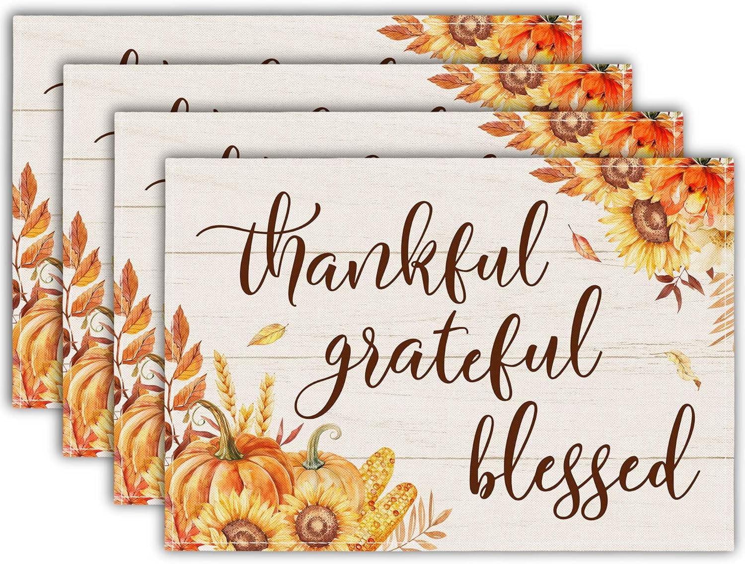 Thanksgiving Placemats Set of 4-12"x18" Thankful Grateful Blessed Maple ...