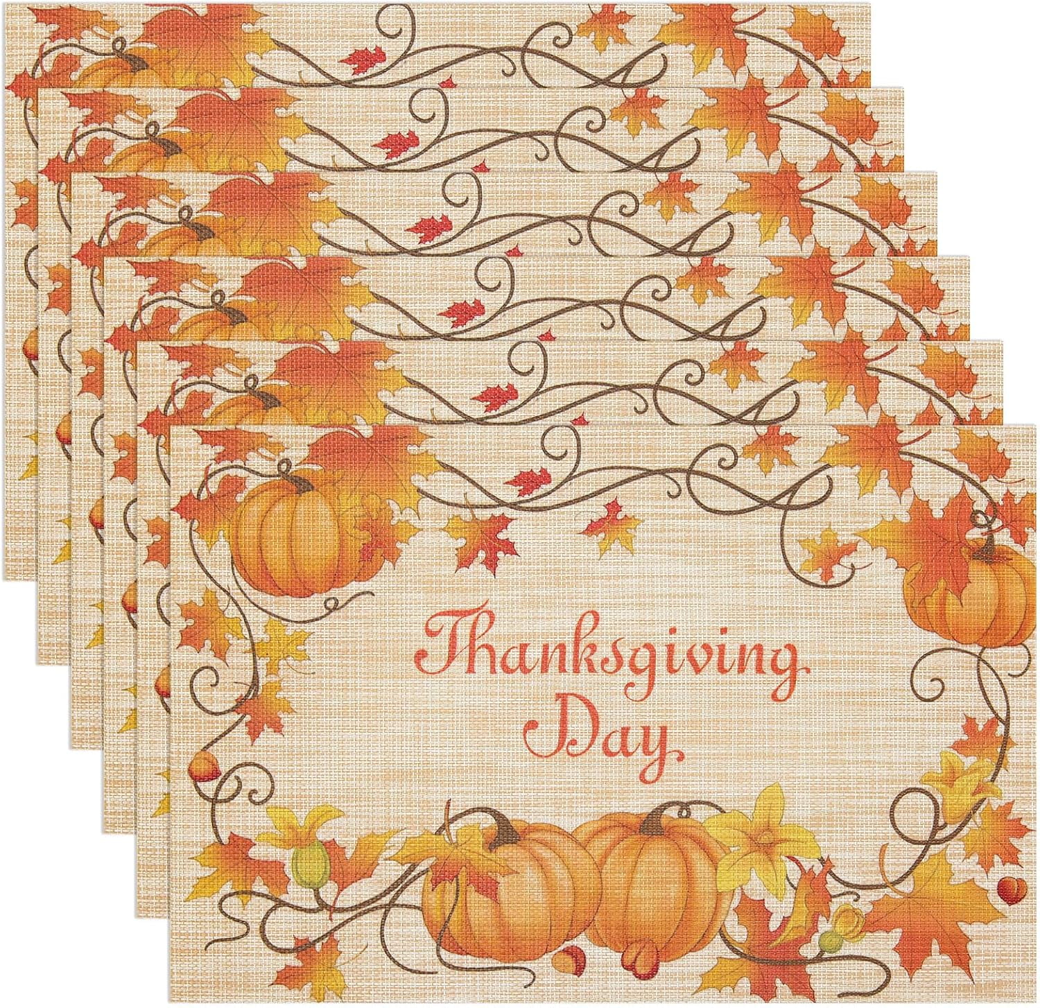 Thanksgiving Placemats Set of 6 Fall Place Mats Pumpkin Maple Leaves ...