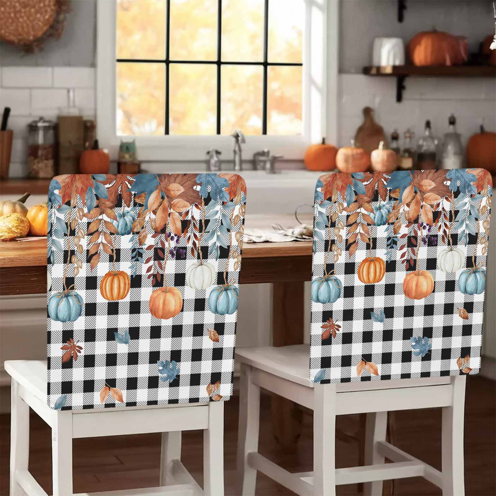 Thanksgiving Pumpkin Chair Covers Set of 4 Fall Vintage Orange Blue ...