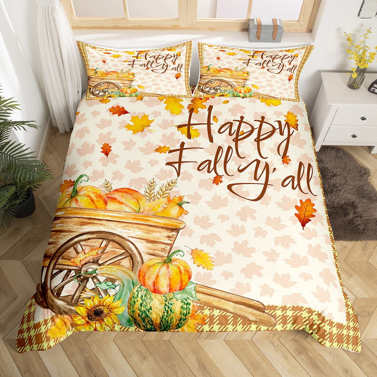 Thanksgiving Pumpkin Duvet Cover Maple Leaves Bedding Set,Buffalo ...