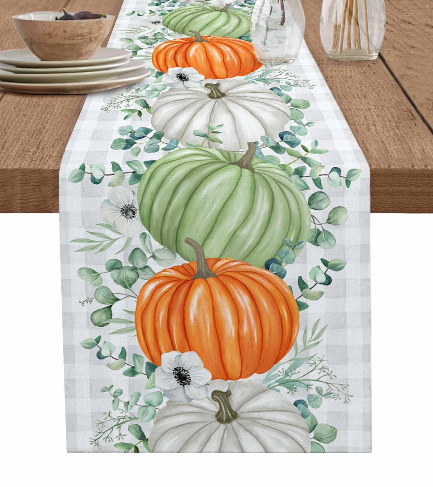 Thanksgiving Pumpkin Eucalyptus Leaves Gray Grid Table Runner ration ...