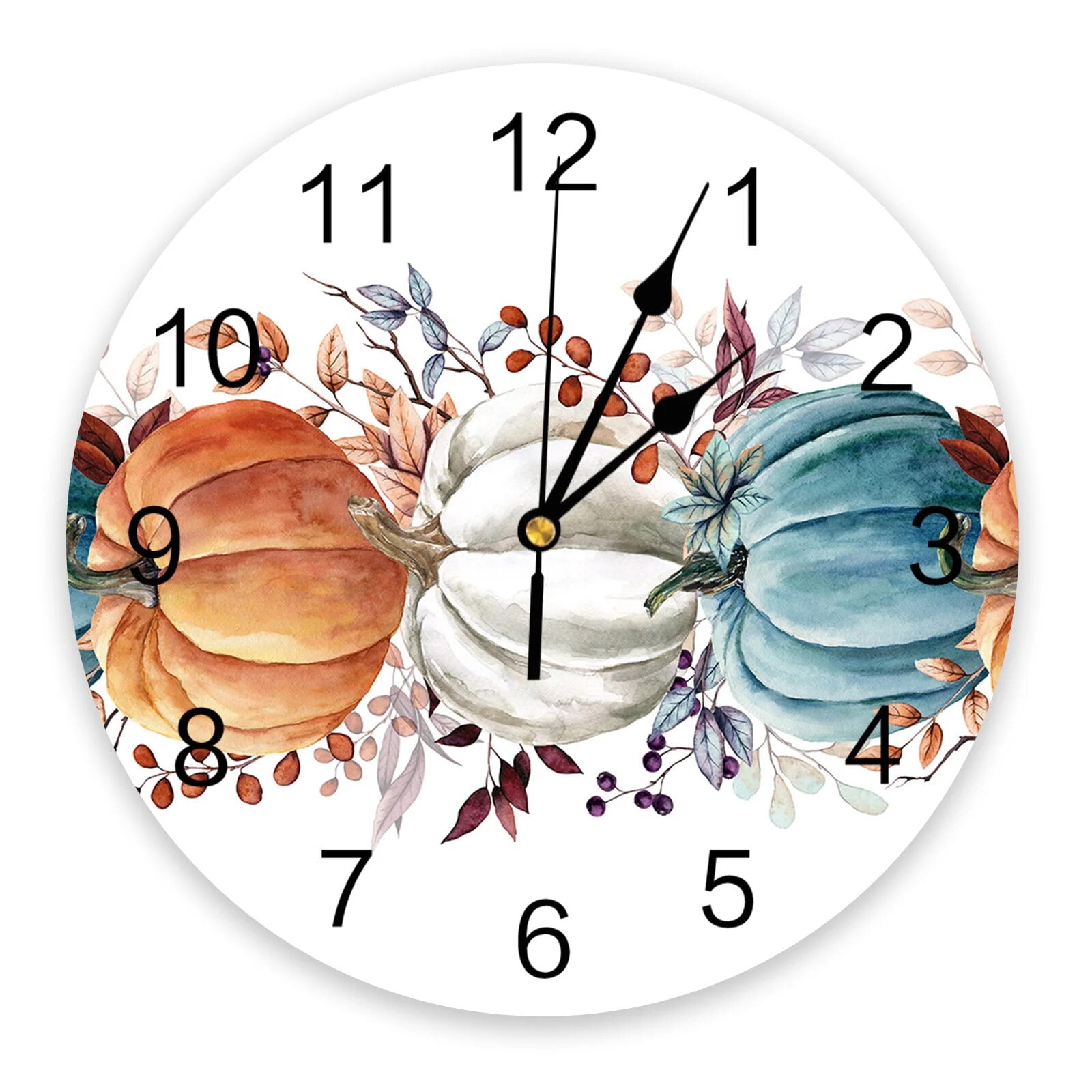 Thanksgiving Pumpkin Eucalyptus Leaves Wall Clock Large Modern Kitchen ...